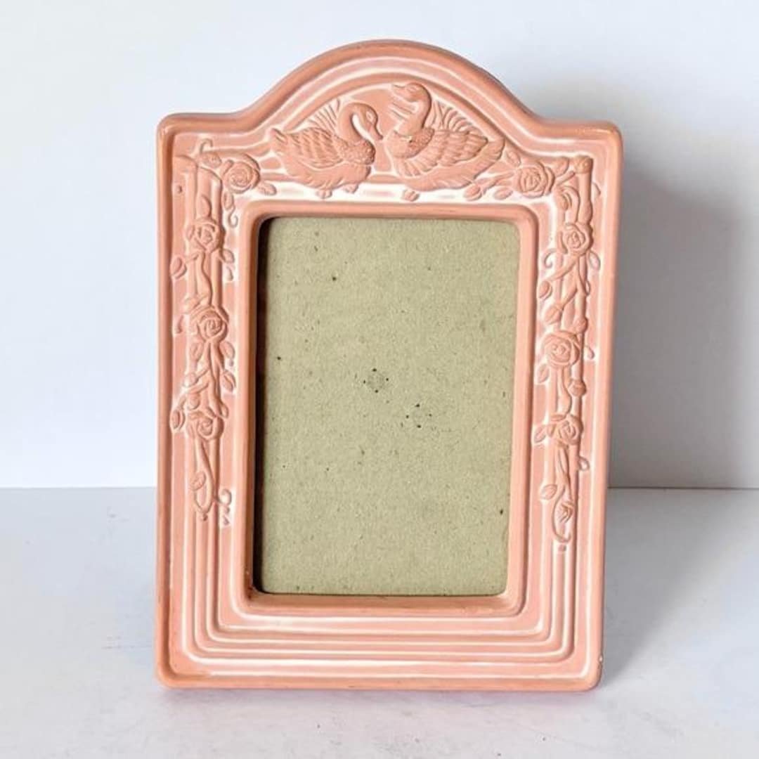 Vintage 1987 Terracotta Picture Frame Whitewashed Finish Floral & Swans ...