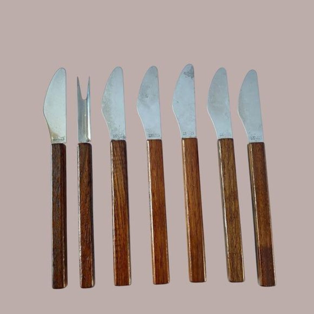 7 Piece Vintage MCM Set Cocktail Knives & 1 Fork, Stainless and Wood ...