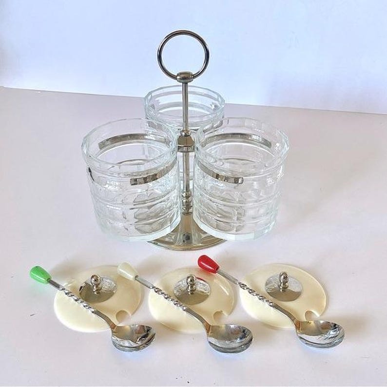 Condiment Server 3 Jars, Bakelite Lids, Spoons & Cradle Jam Jelly ...