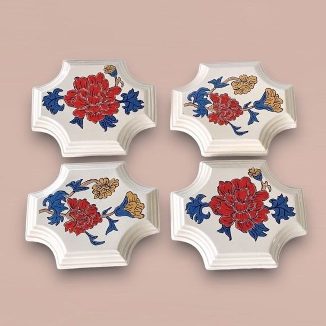 Vintage Ceramic Floral Hand-painted Tile Wall Art Set of 4 Scandinavian ...
