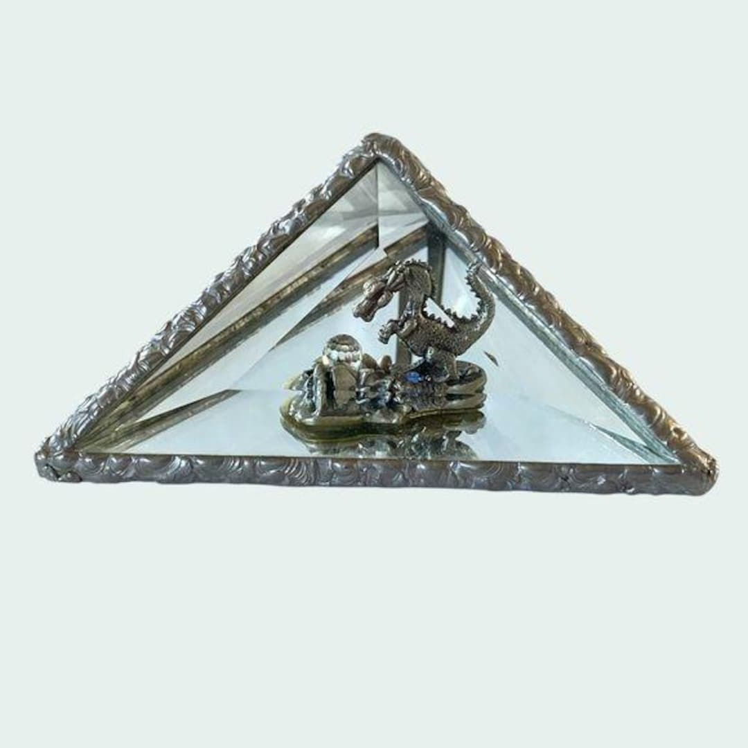 Pyramid Bevelled Glass Sculpture Pewter Dragon Figurine W Crystal Egg ...