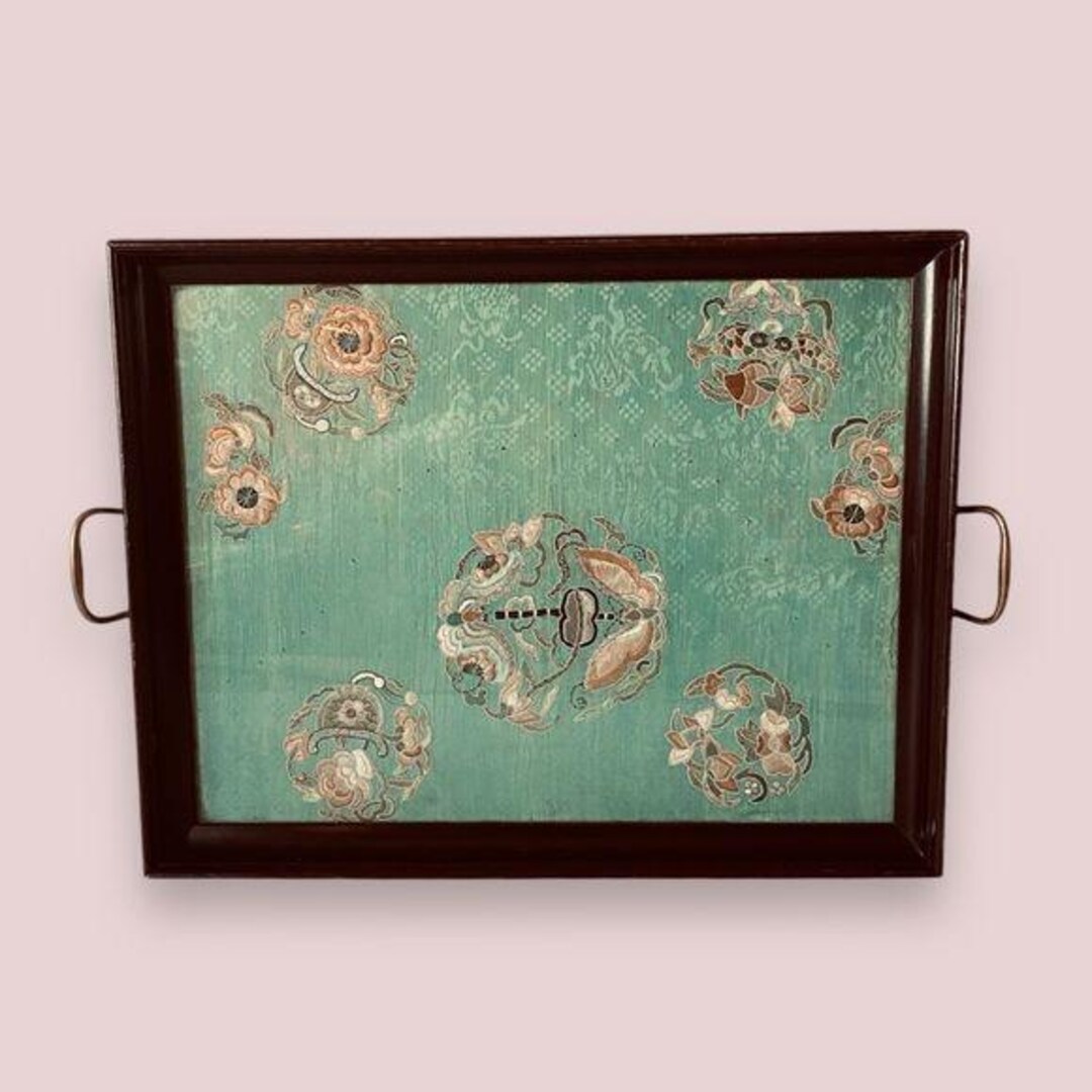Vintage Chinese Silk Embroidery Tray Florals Koi Fish 18.75 X 13” Brass ...