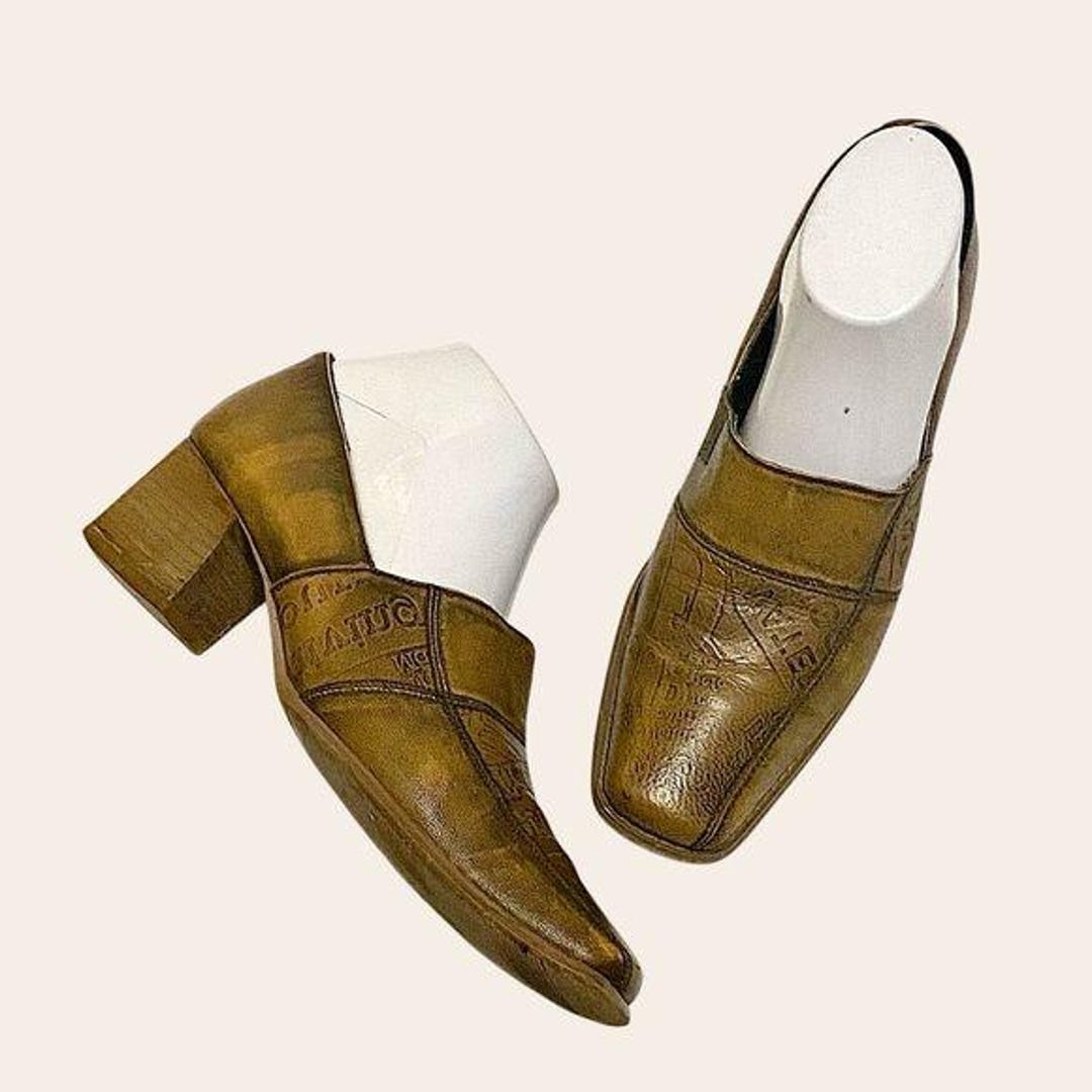 Vintage Molka Genuine Leather Text Print Square Toe Heeled Loafer Pumps ...