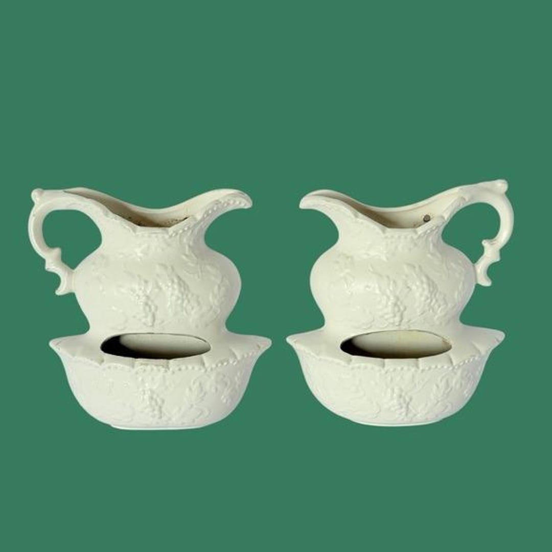 2 VTG Farmhouse Pitcher & Bowl Planters Ceramic Double Wall Pockets ...