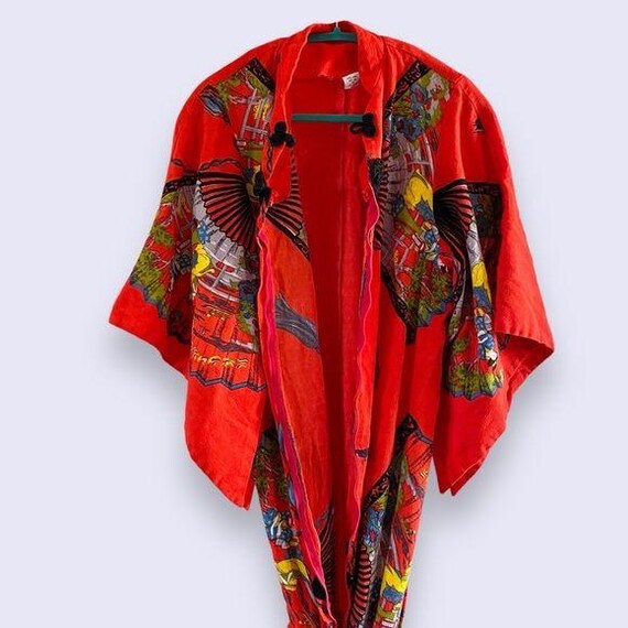 Vintage Chinese Fan Design Kimono Robe Sash Pockets 1… - Gem