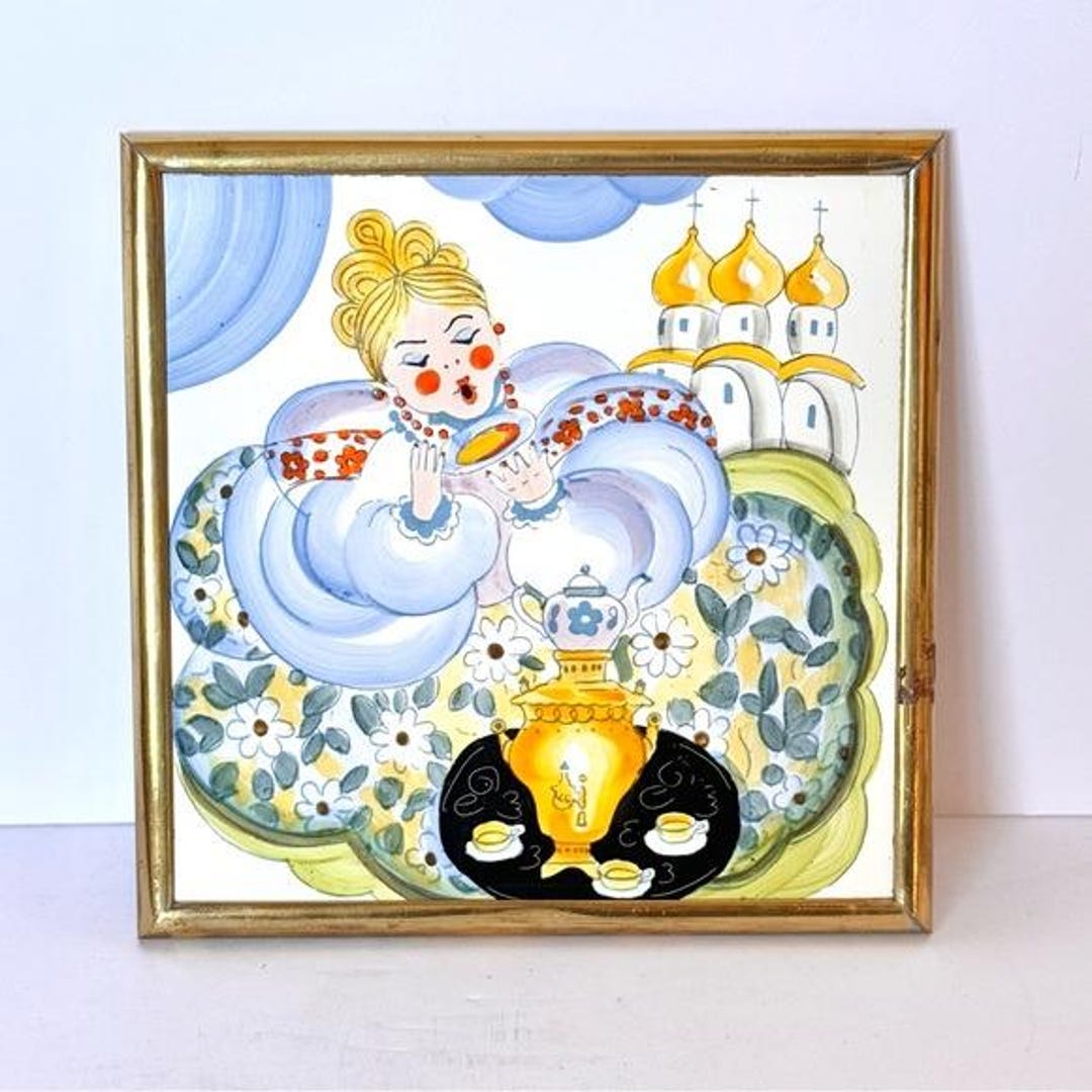 1985 Framed Hand-painted Soviet Ceramic Tile – Russian Orekhovo Folk ...