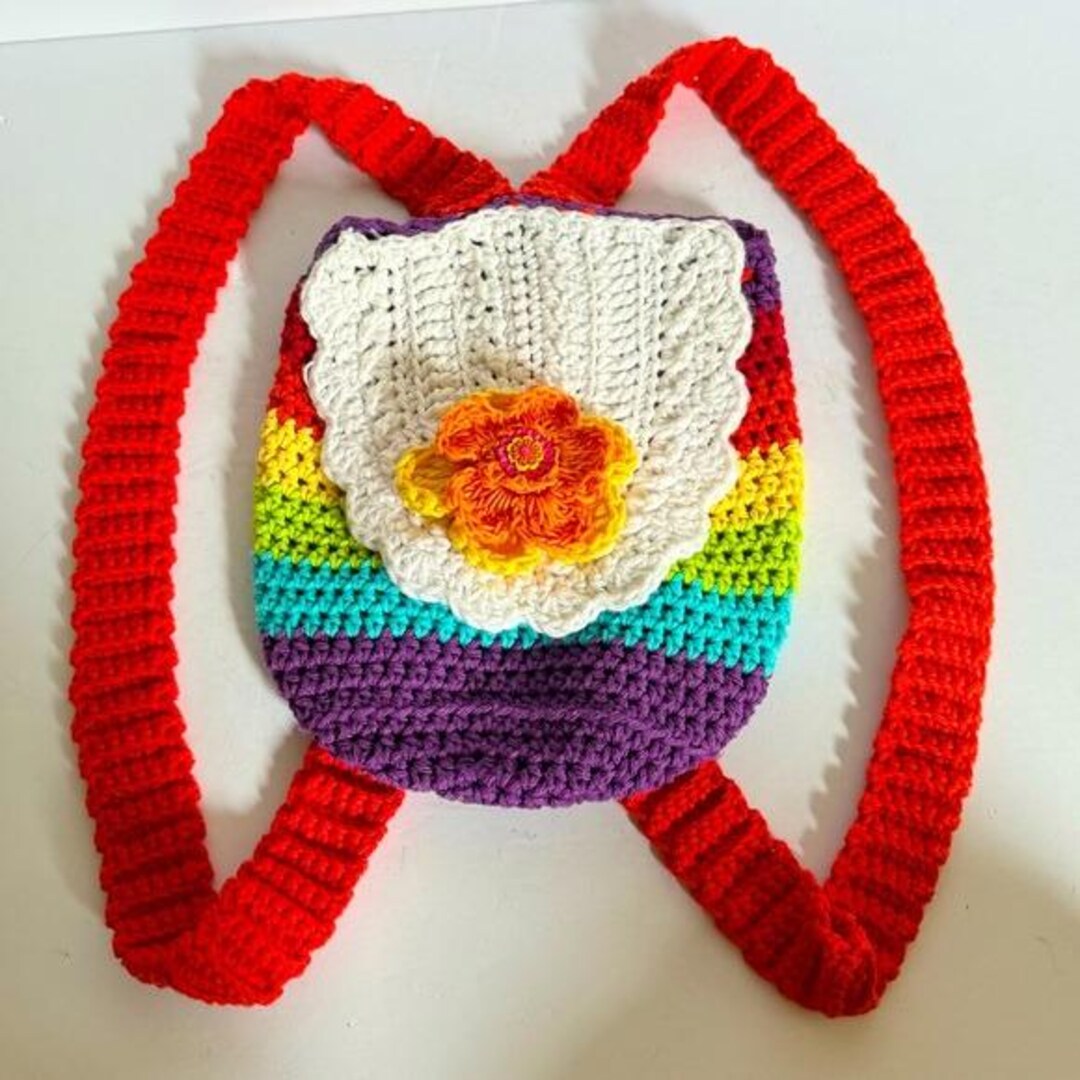 Handmade Crochet Rainbow Stripe Backpack – Multicolor Flower Drawstring ...