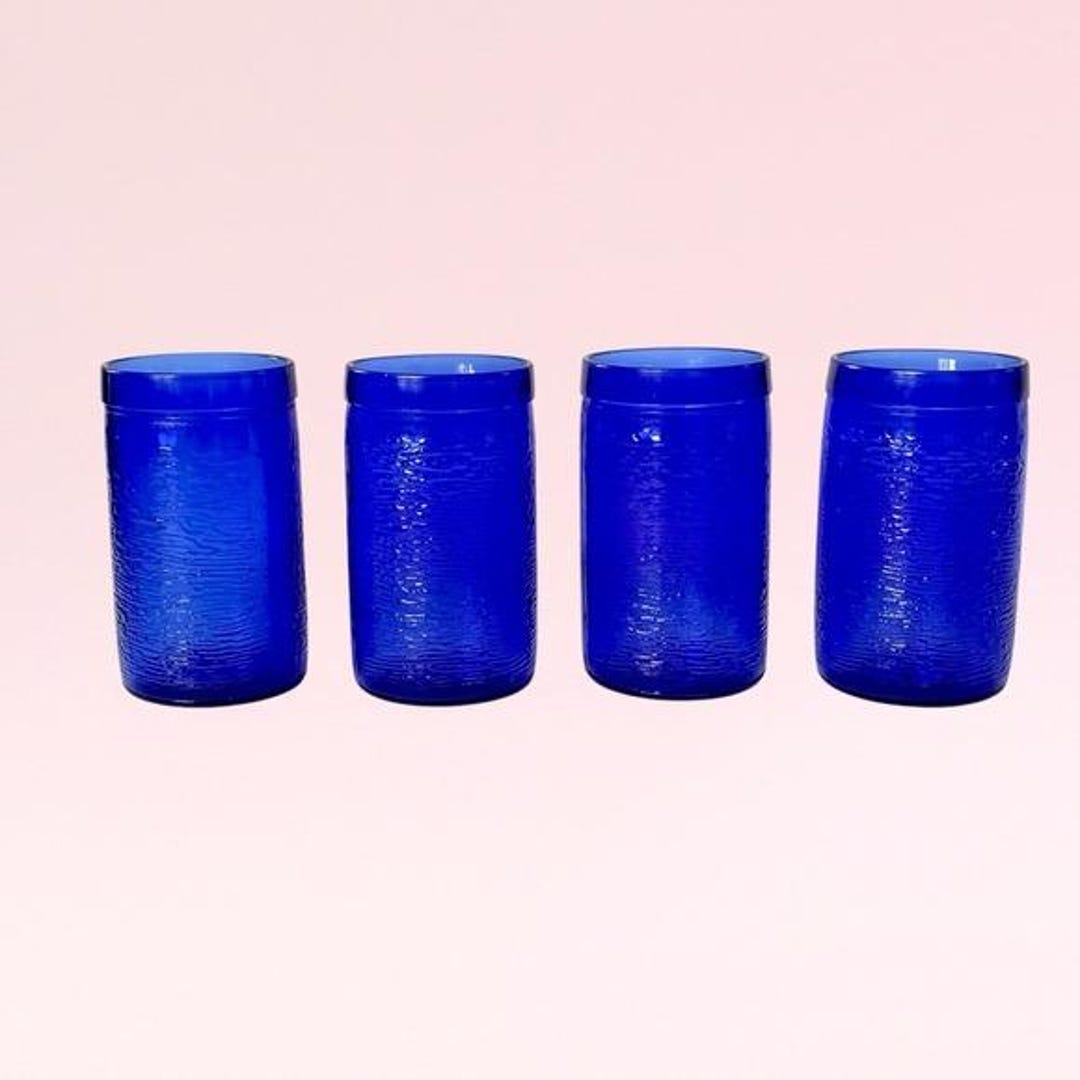 Set of 4 Vintage Gelado Brazil Cobalt Blue Juice Glass Textured Crinkle ...
