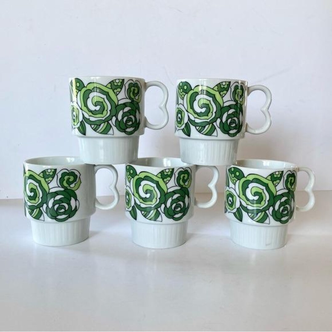 Vintage 60s (5) Retro Flower Stacking Mugs Coffee Cups MOD Green SI ...
