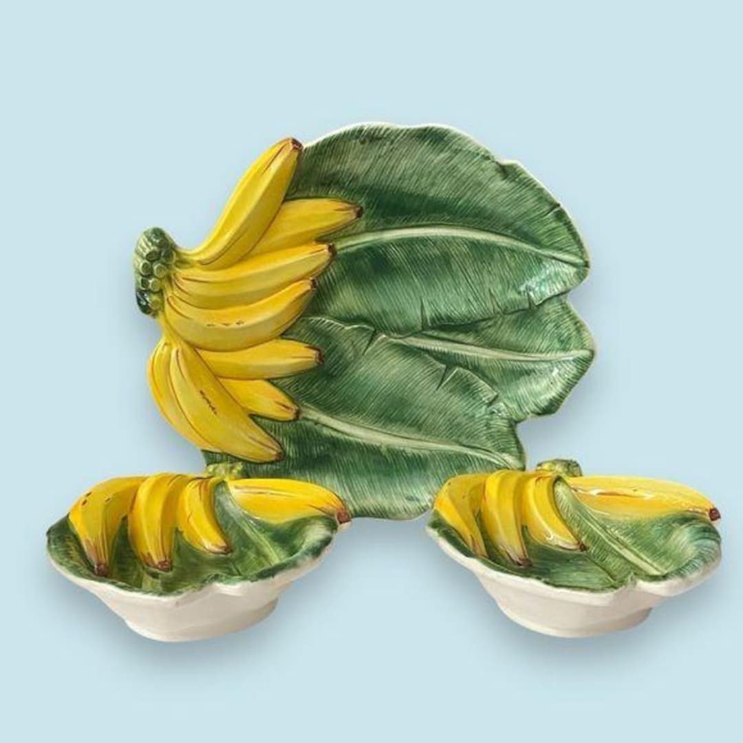 Vintage Italian Ceramic Banana Leaf 14” Platter Tray & 2 Matching 9 ...
