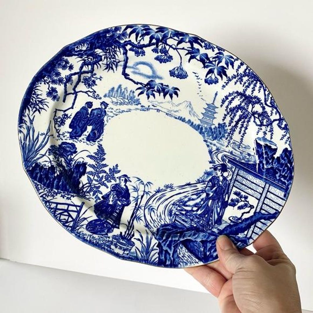 VTG 1923 Blue Mikado Royal Crown Derby 11.5” Serving Platter Scalloped ...