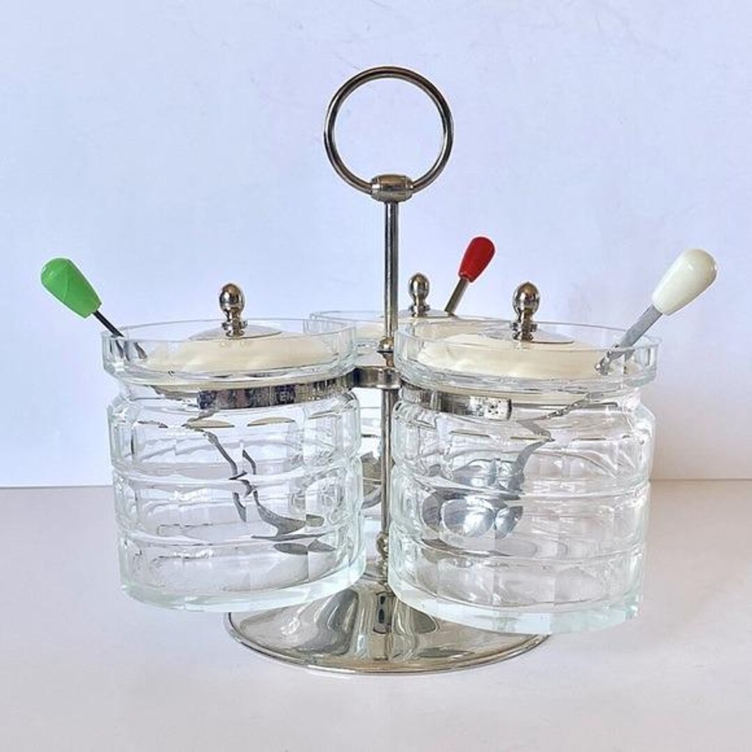 Condiment Server 3 Jars, Bakelite Lids, Spoons & Cradle Jam Jelly ...