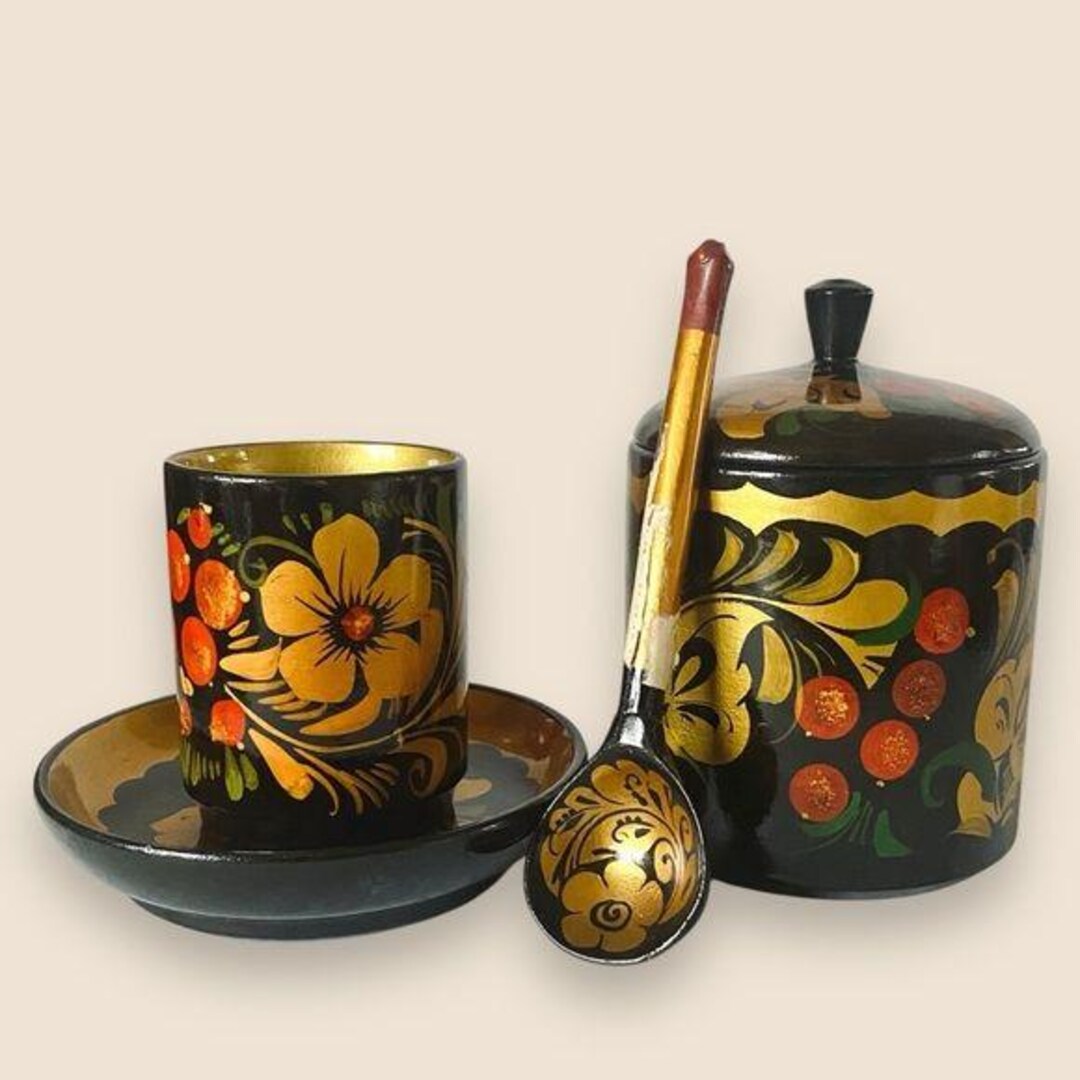 Russian Khokhloma Vintage Lacquerware 4pc Set Canister Cup Bowl Spoon ...