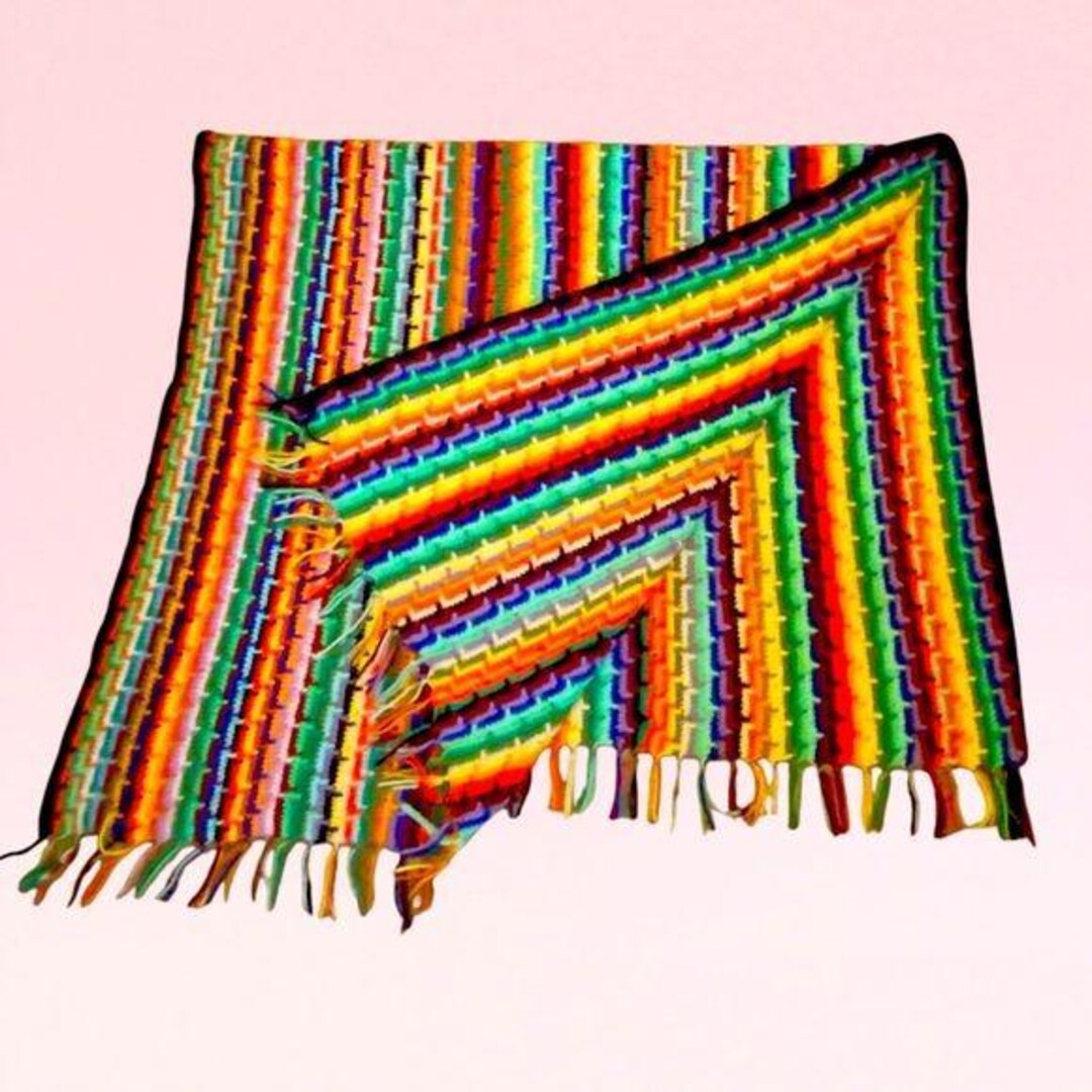 Vintage Colorful Rainbow Crochet Afghan Fringed Throw 77” X 43.5 ...
