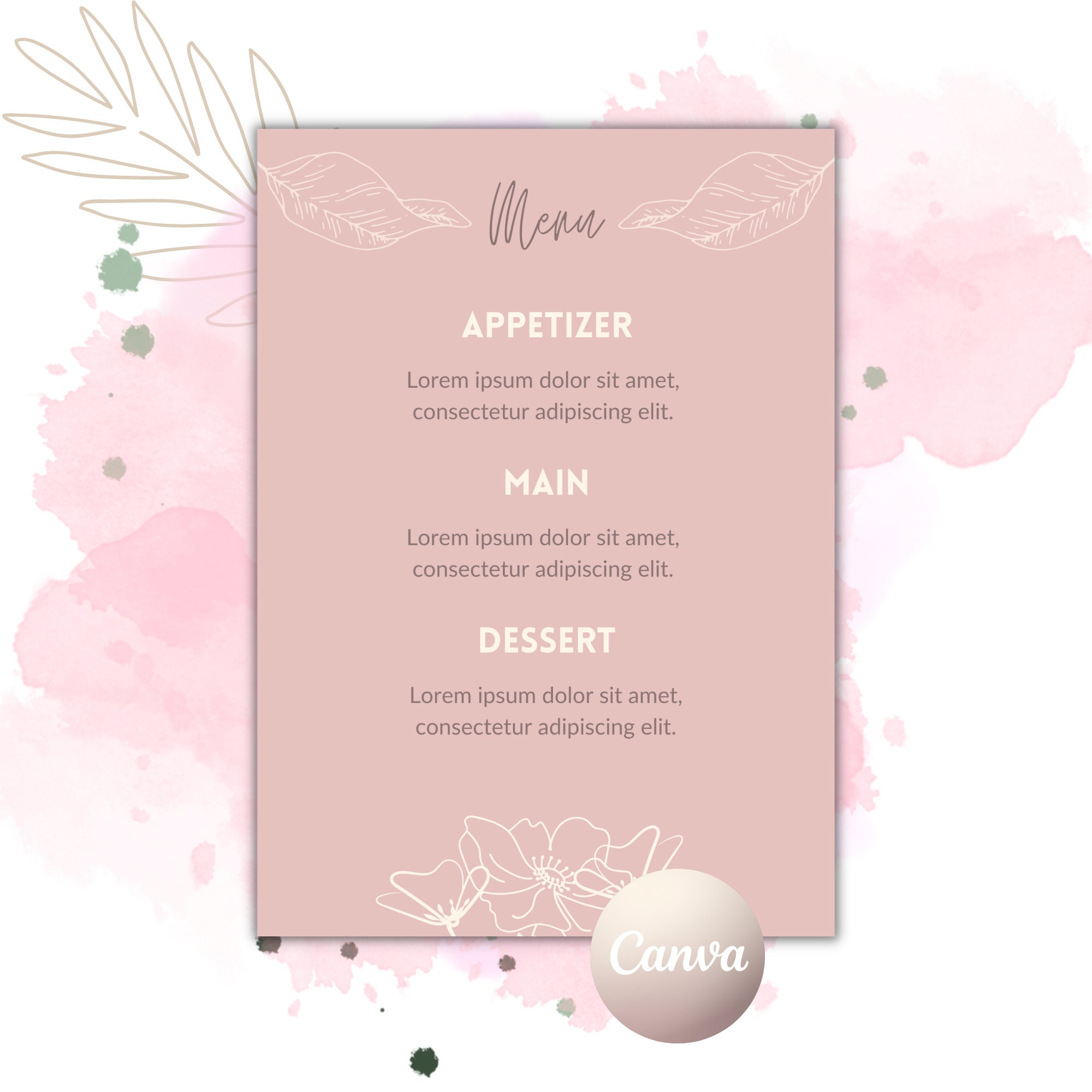 CANVA Editable Menu Pink Menu Brown Menu Flower Menu Easy - Etsy