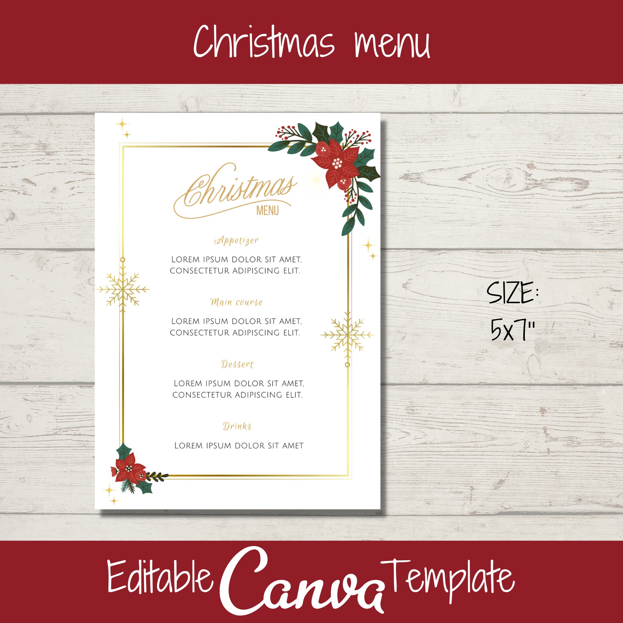 Canva Editable Christmas Menu, Poinsettia Christmas Menu Diy, Christmas ...