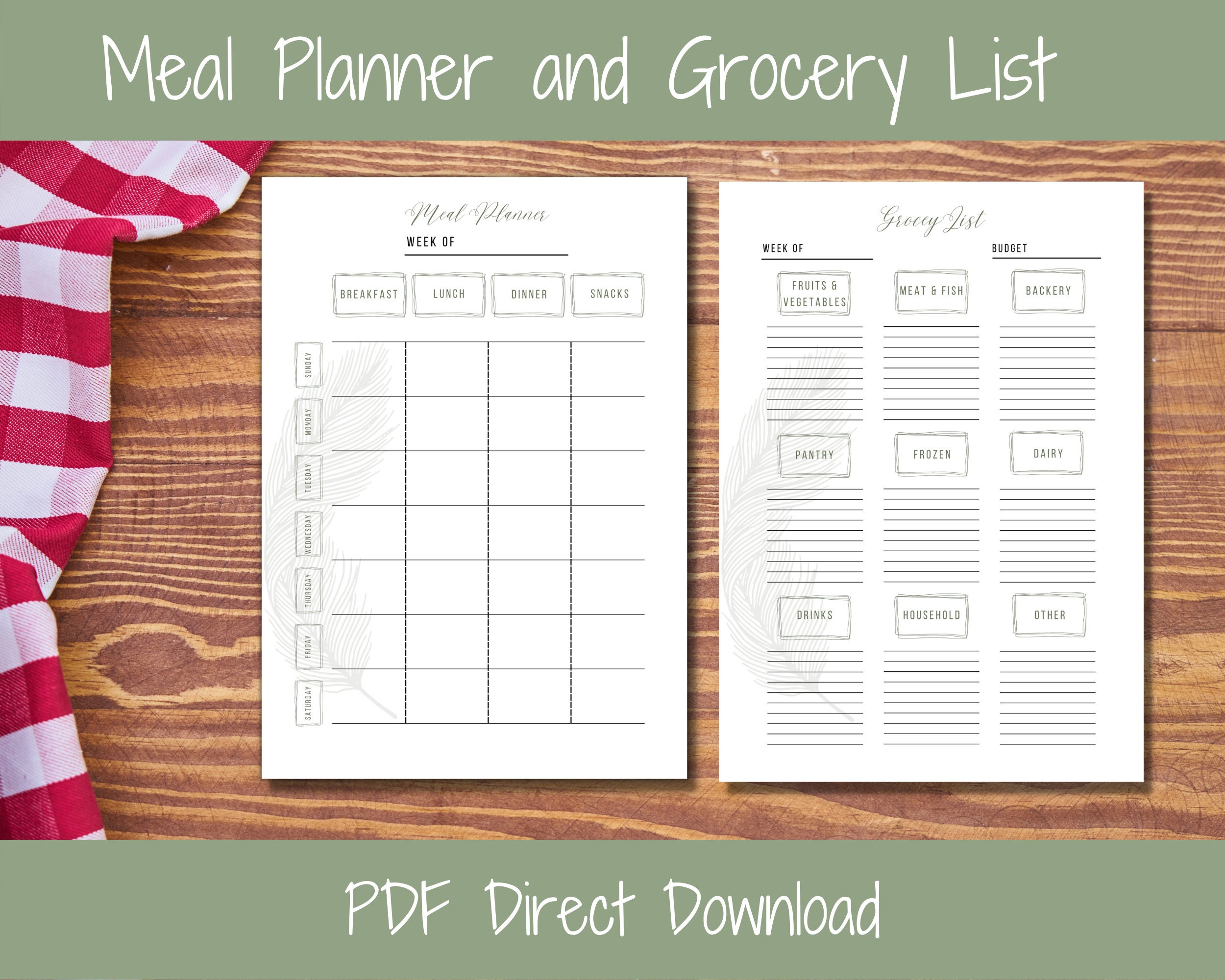 Printable Weekly Menu Planner and Grocery List Instant Download ...