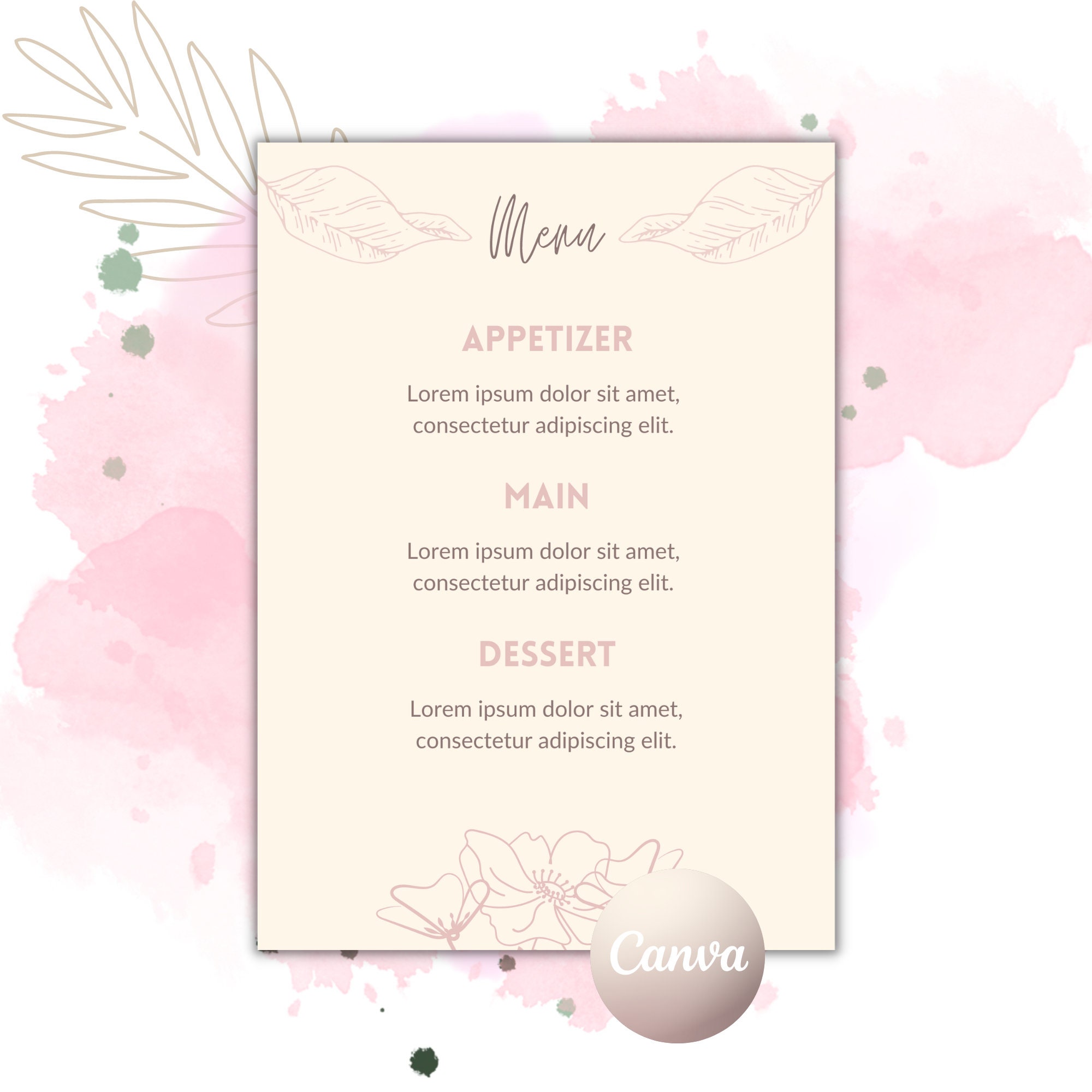 CANVA Editable Menu Pink Menu Brown Menu Flower Menu Easy - Etsy