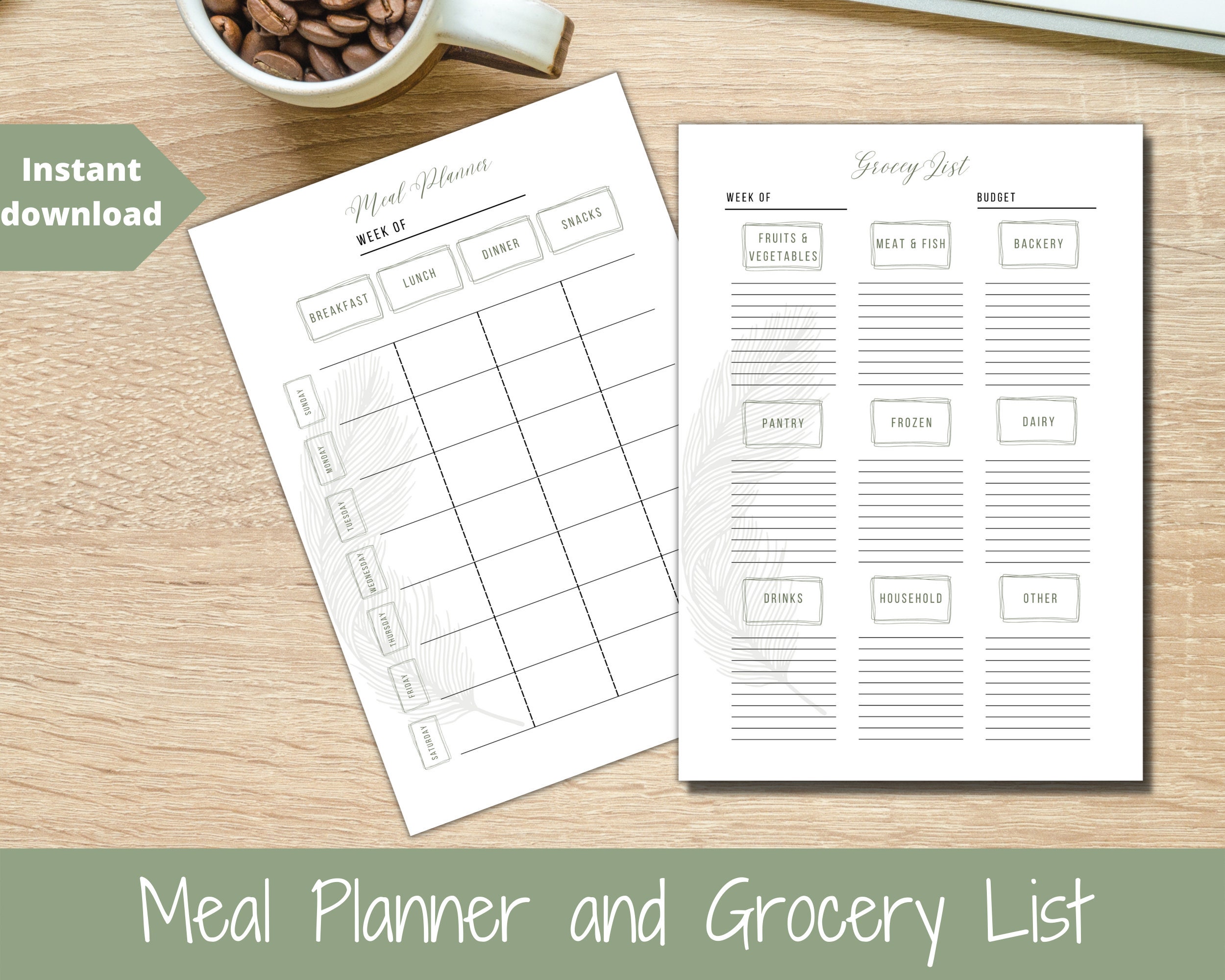 Printable Weekly Menu Planner and Grocery List Instant Download ...