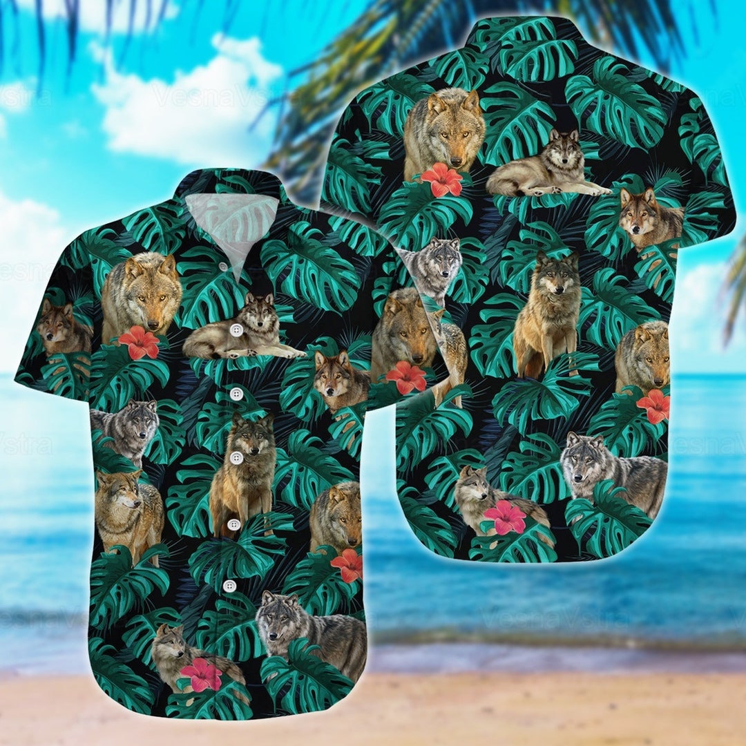 Wolf Animal Shirt, Wolf Button Shirt, Wolf Beach Shirt, Animal Lover ...
