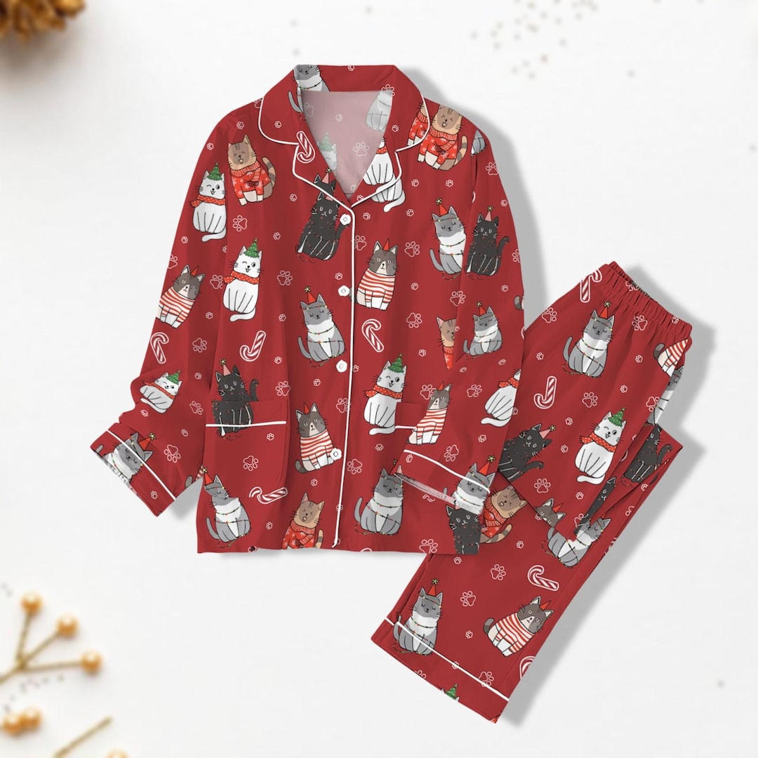 Cat Pajamas Set, Black Cat Pajama, Cat Mom Gift, Cat Pajama Women ...