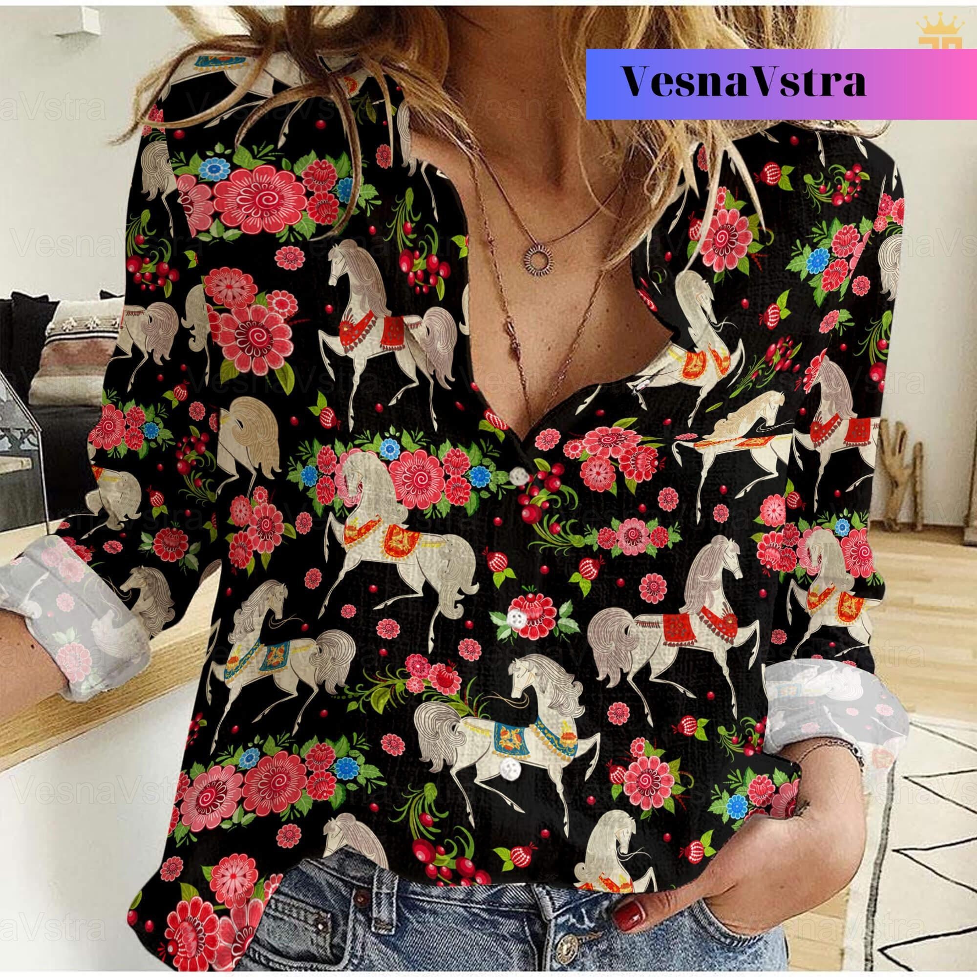 Horses Linen Shirt, Floral Pattern Horses Black All Printed 3D Casual Shirt, Horse Lover Shirt ...