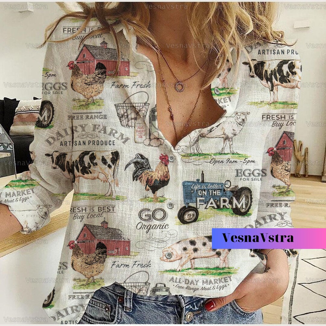 Farmer Linen Shirt, Cow Shirts for Women, Animal Farm Shirt Women, Cute ...