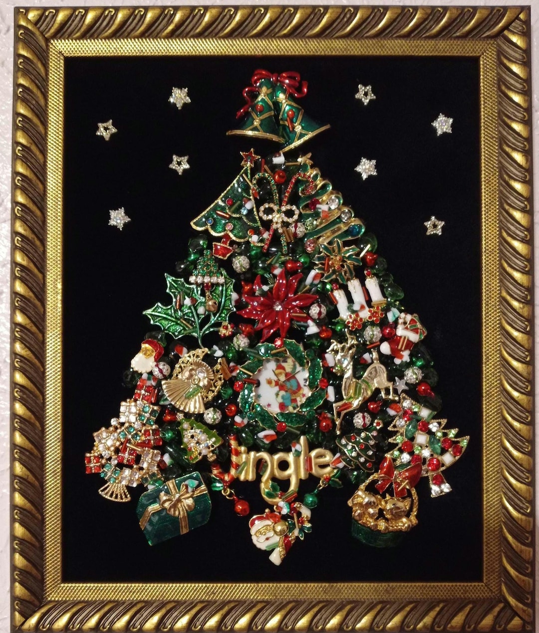 Christmas Tree, Framed Jewelry Art, One of a Kind Gift, Unique Vintage ...