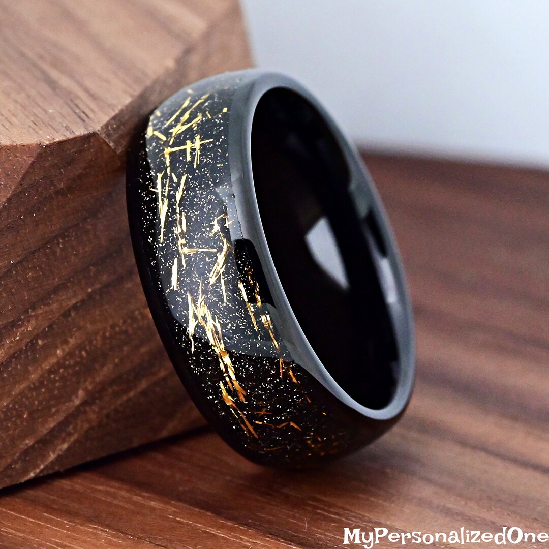 Dome Black Tungsten Gold Plated Space Galaxy Nebula Sparkling Inlay ...