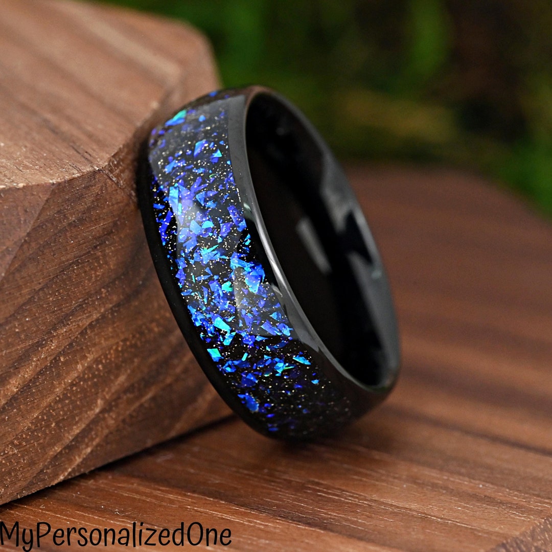 Black Tungsten Wedding Band Space Galaxy Nebula Sparkling Blue Opal ...