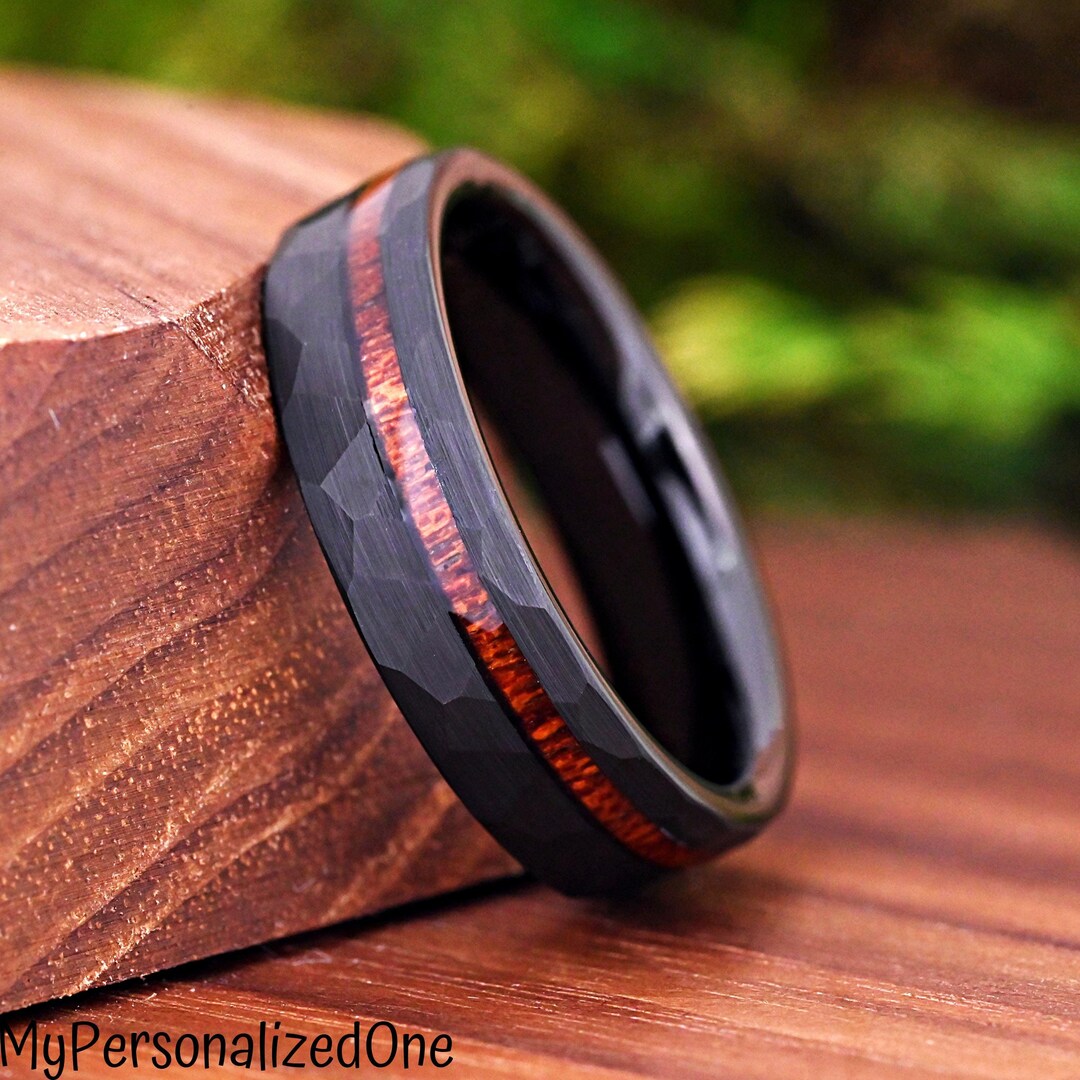 Faceted Hammer Black Tungsten Wood Inlay Wedding Ring, Men's Women's ...