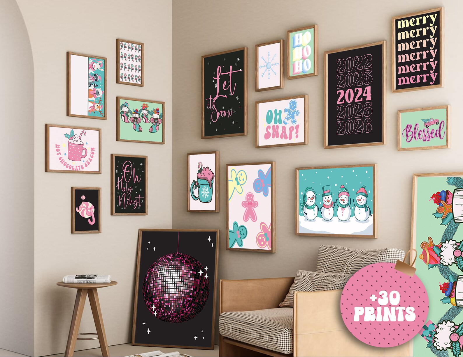 Pink Christmas Decor Wall Art Print Set of 30 Digital Printables ...