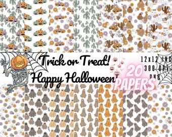 CUTE GHOSTS, Halloween Seamless Repeat Pattern, Retro Hand Drawn ...