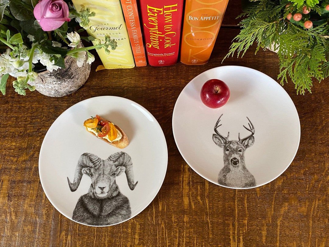 Animal Wildlife Plates Tableware | Drawings of Moose, Deer, Bison, Ram ...