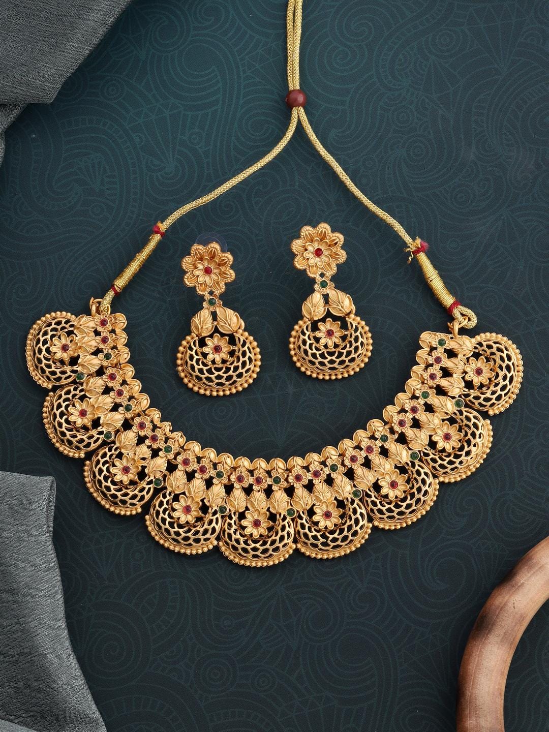 Antique Gold Plated Indian Temple Jewelry Set Short Necklace ...