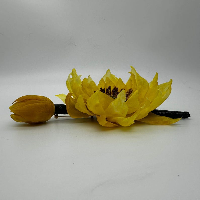 Hand-painted Japanese Silk Flower Brooch – Large Yellow Statement Pin ...
