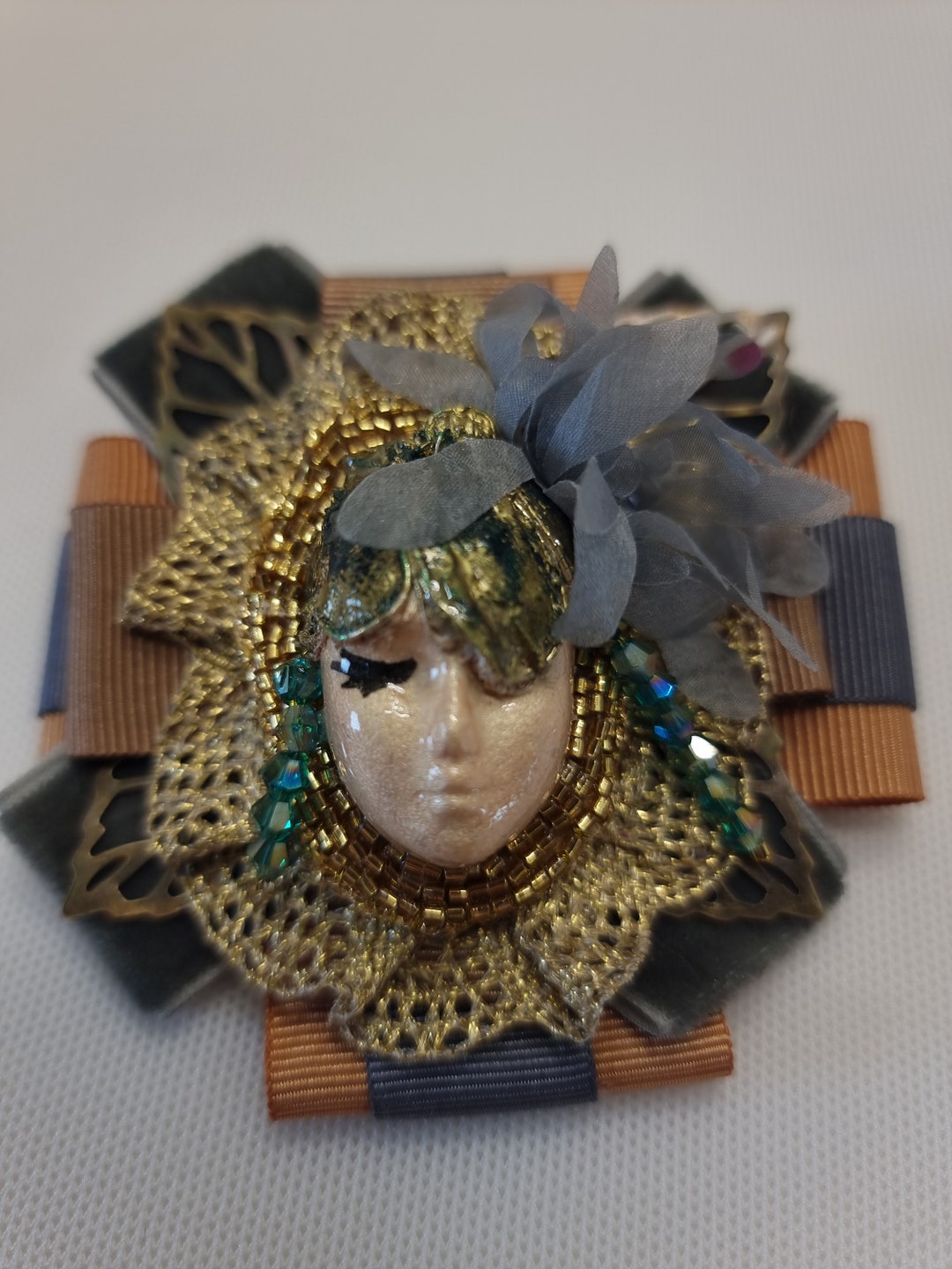 Japanese Ceramic Medal Brooch: Swarovski Crystals, Lace & Toho Beads - Etsy