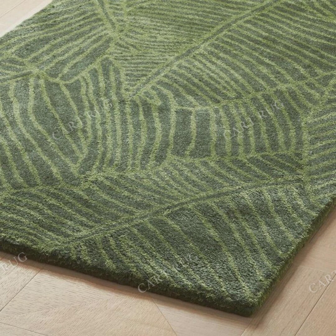Hand Tufted Green Leaf Area Rug, Modern Botanical Wool Rug, Tropical ...