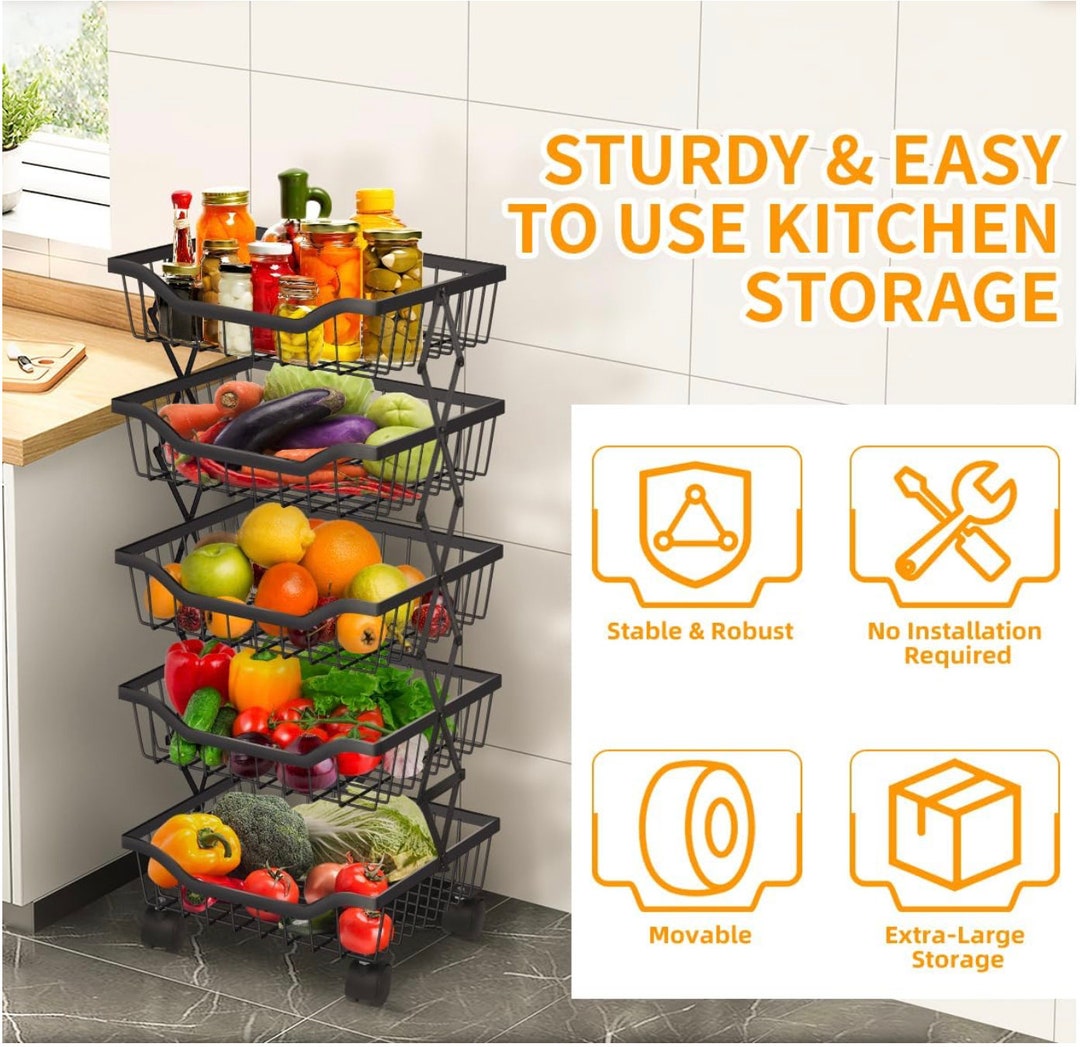 Zeal 5 Tiers Stackable Metal Wire Fruit Basket Kitchen Cart With Wheels ...