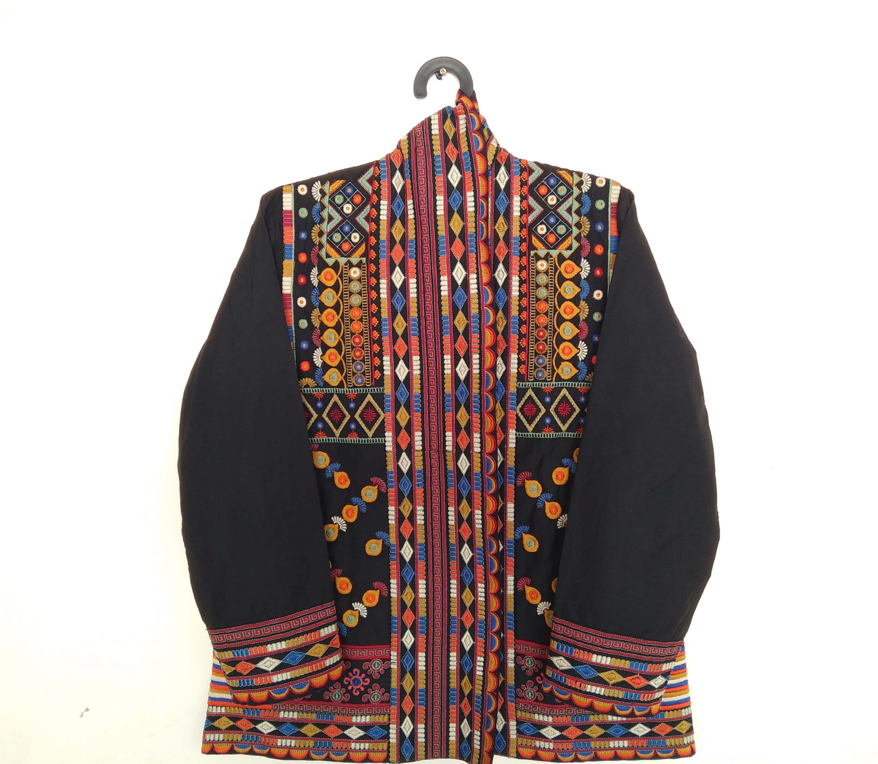 Black Embroidery Jacket, Indian Quilted Coat, Handmade Kantha Overcoat ...
