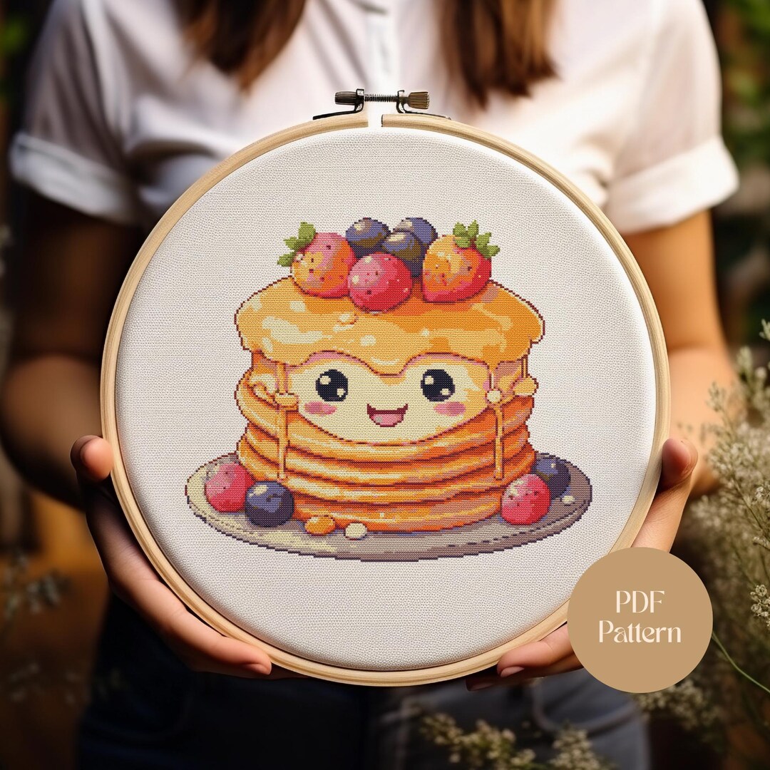 Kawaii Pancake Cross Stitch Pattern PDF Cute Breakfast Food Pattern With Berries Whipped Cream ...