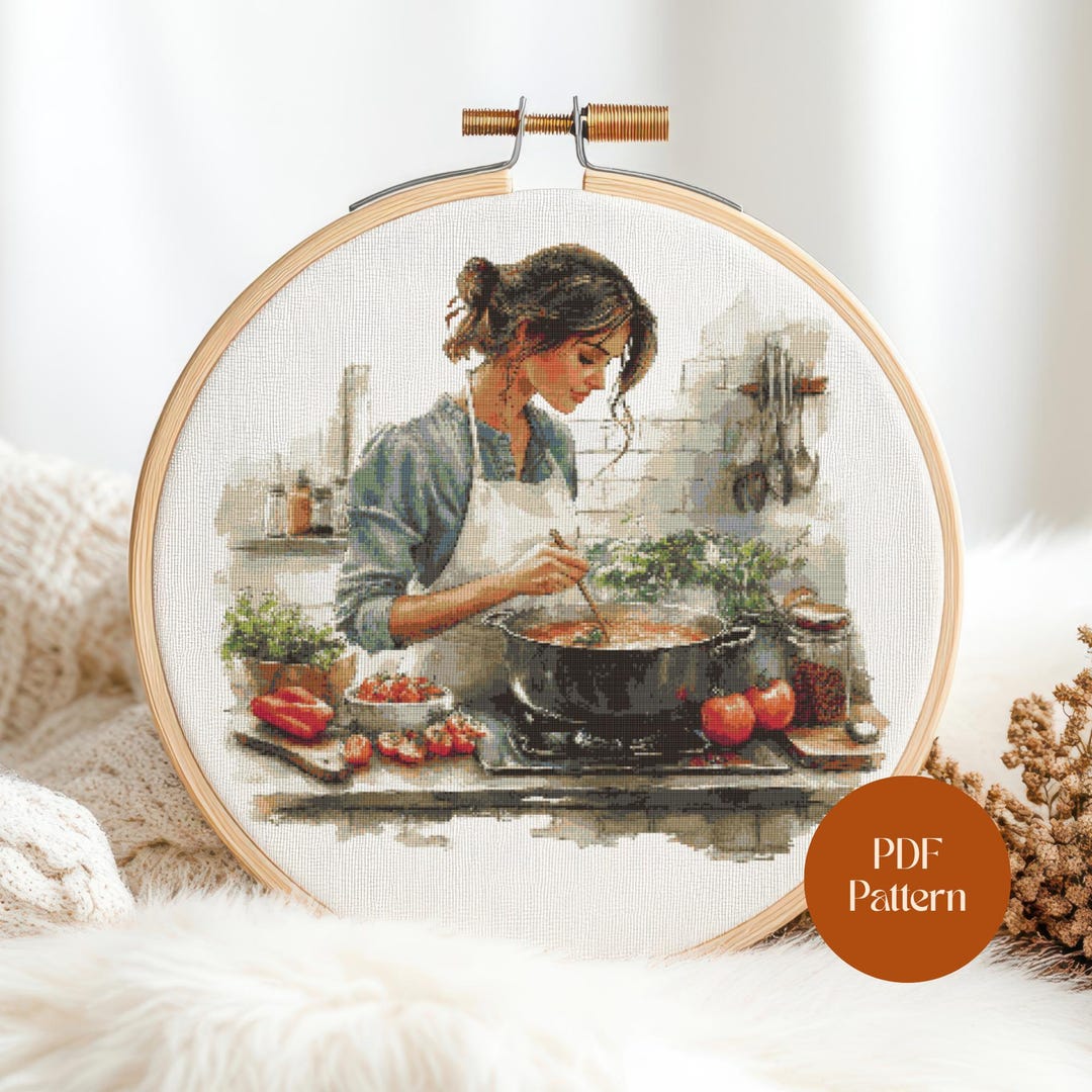 Woman Cooking Cross Stitch Pattern: Rustic Autumn Kitchen Scene (PDF ...