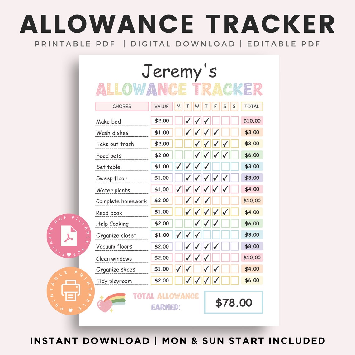 Allowance Tracker for Kids, Editable PDF, Chore Chart for Kids, Rainbow ...