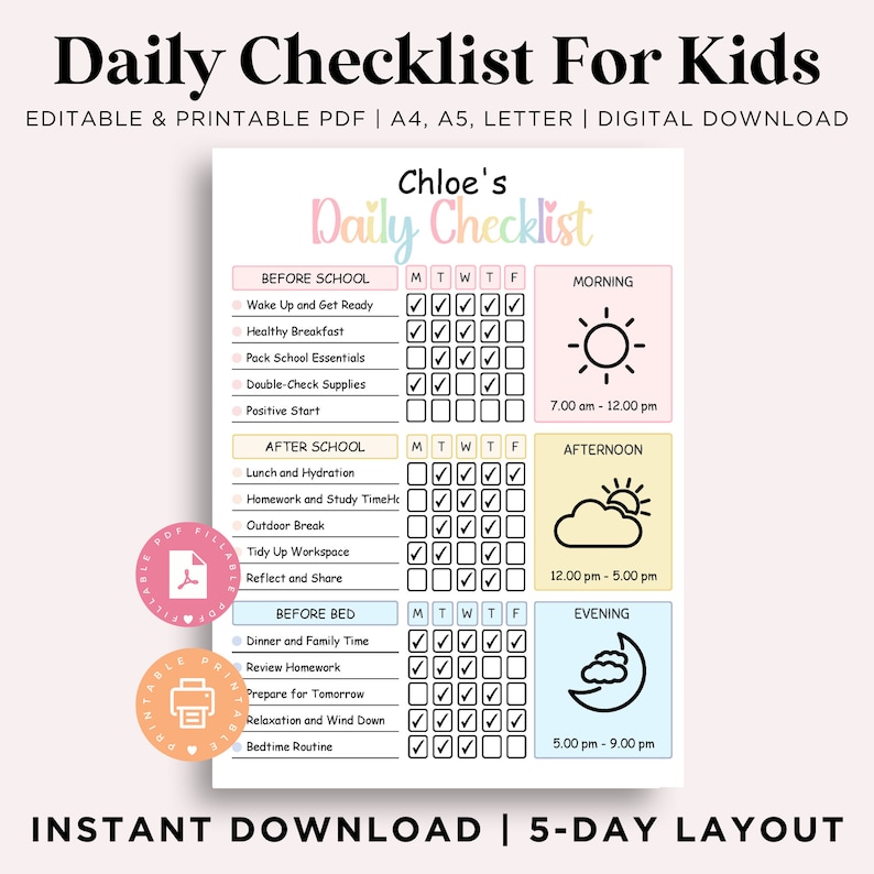 Daily Checklist for Kids Printable Editable to Do List - Etsy