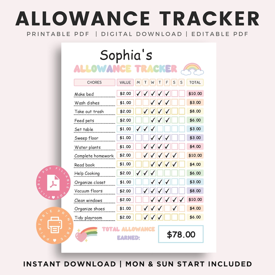 Kids Allowance Tracker, Editable PDF Chore Chart, Chore Chart for Kids ...