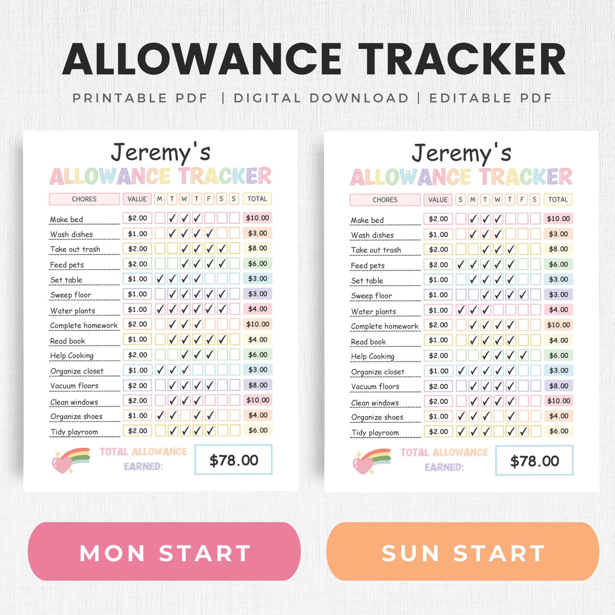 Allowance Tracker for Kids, Editable PDF, Chore Chart for Kids, Rainbow ...