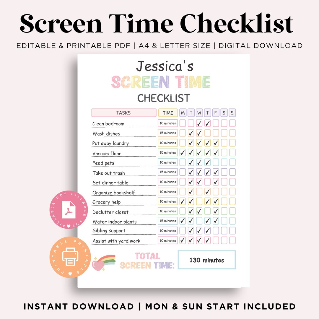 Screen Time Chart Checklist, Daily Screen Time Schedule, Screen Time ...