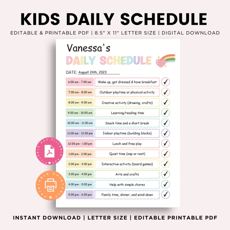 Editable Daily Schedule Checklist for Kids, Home Daycare Schedule ...