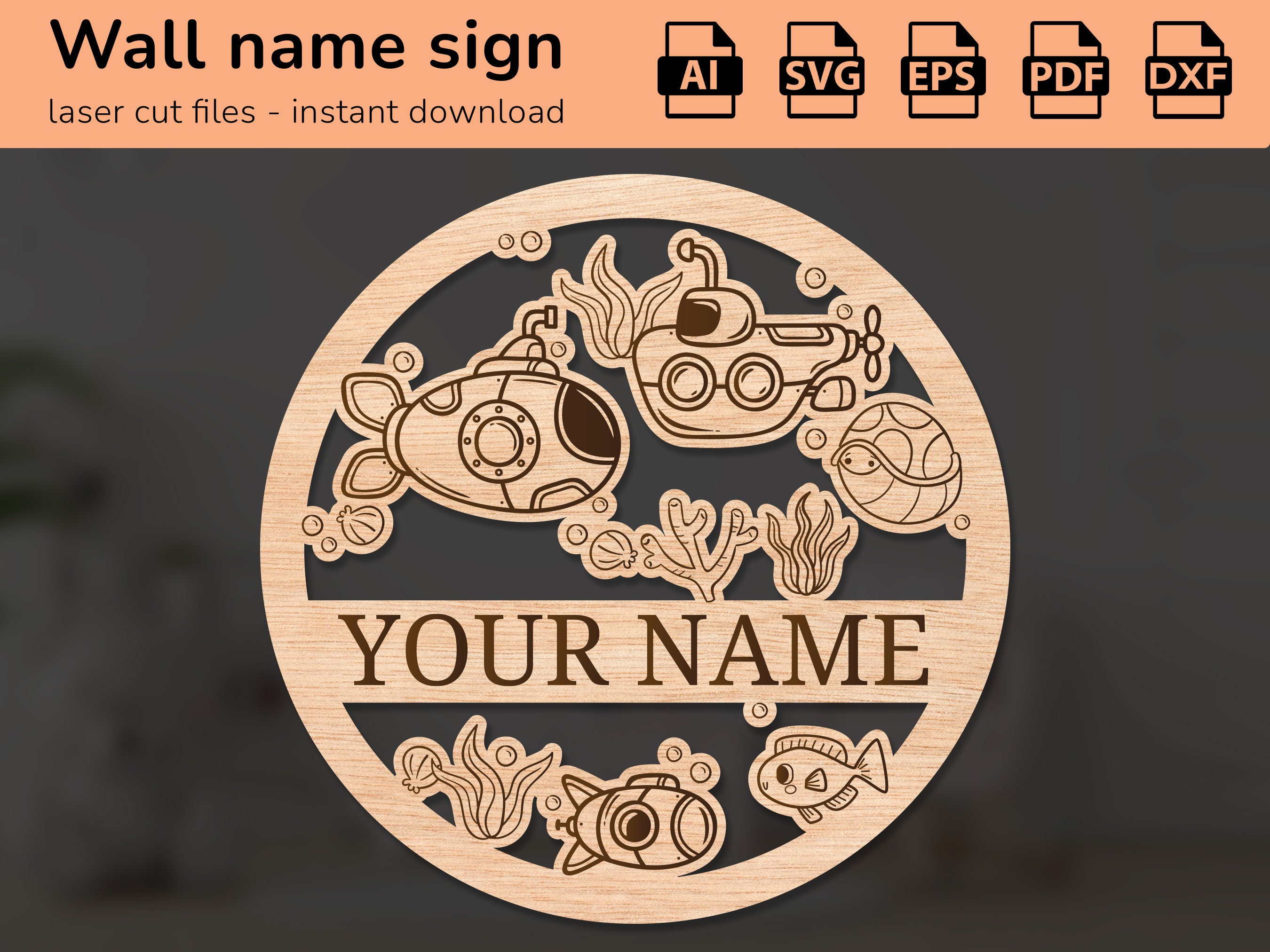 Submarine Sea Life Fishes Nursery Wall Name Sign Interior Decor Laser ...