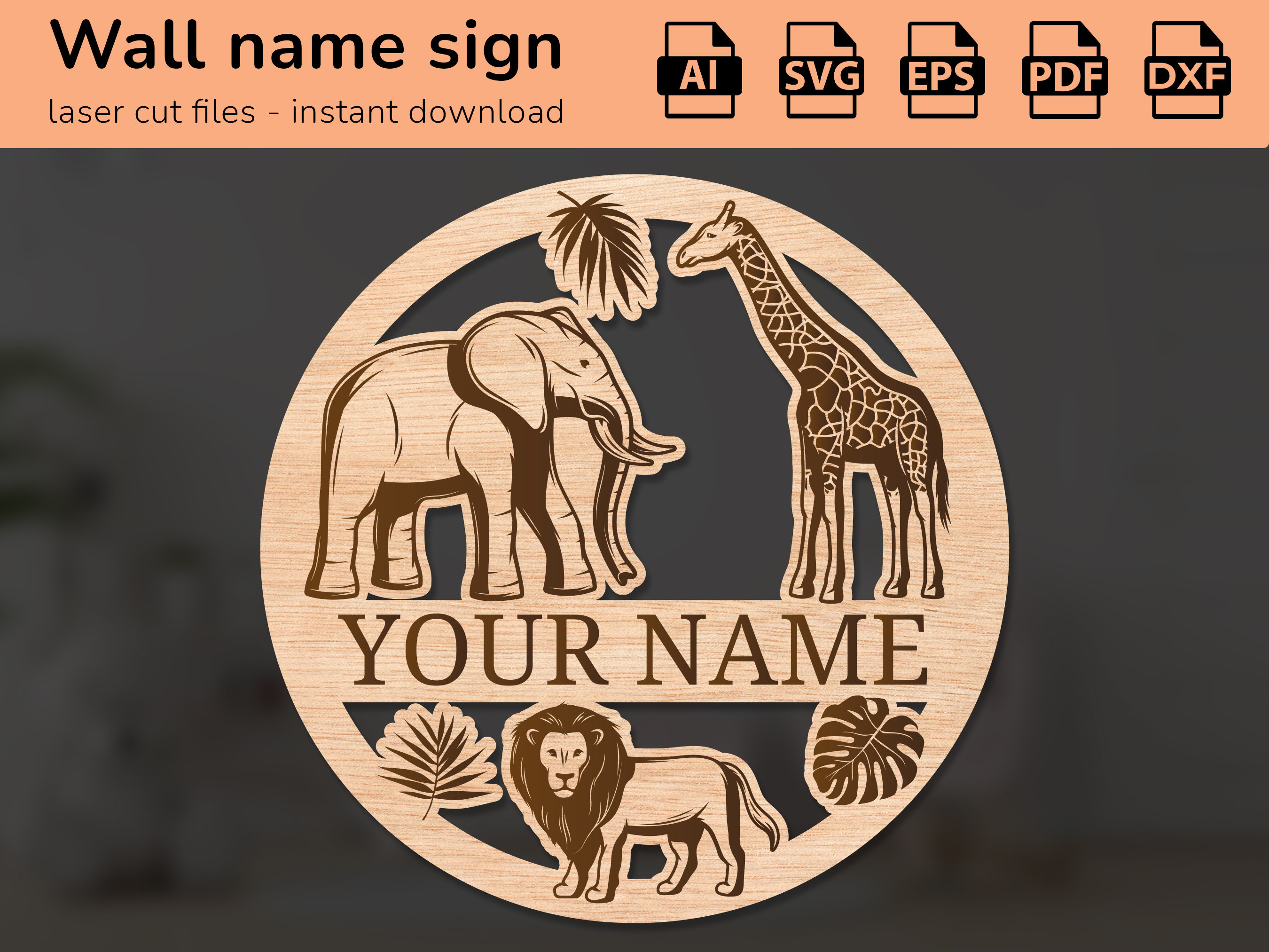 Wild Animals Safari Name Sign Interior Decor Laser Cut Design for Kids ...